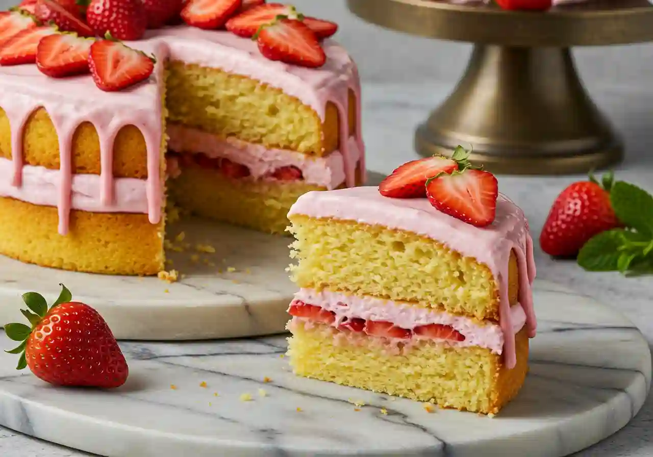Strawberry Cheesecake Filled Yellow Cake | worldofcooking.net